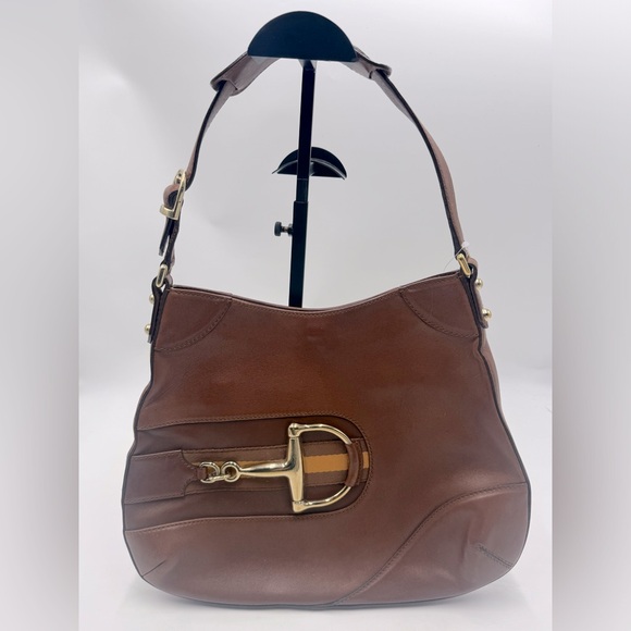 Gucci | Bags | Auth Fucci Brown Leather Web Horsebit Hassler Hobo ...